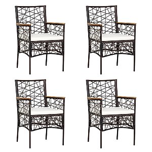 HAPPYGRILL Patio PE Rattan Dining Chairs Set of 4, Patio PE Wicker Armchairs with Removable Cushions and Acacia Wood Armrests for Deck Poolside Backyard