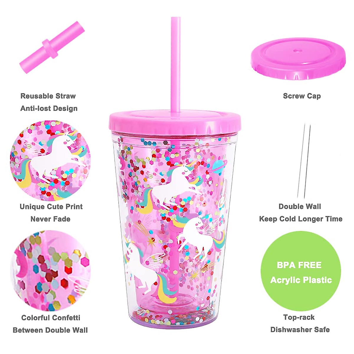 Cute Tumbler with Lid and Straw Double Wall Insulated Acrylic Cup for Girls Women Kids, 18oz/550ml (Unicorn)