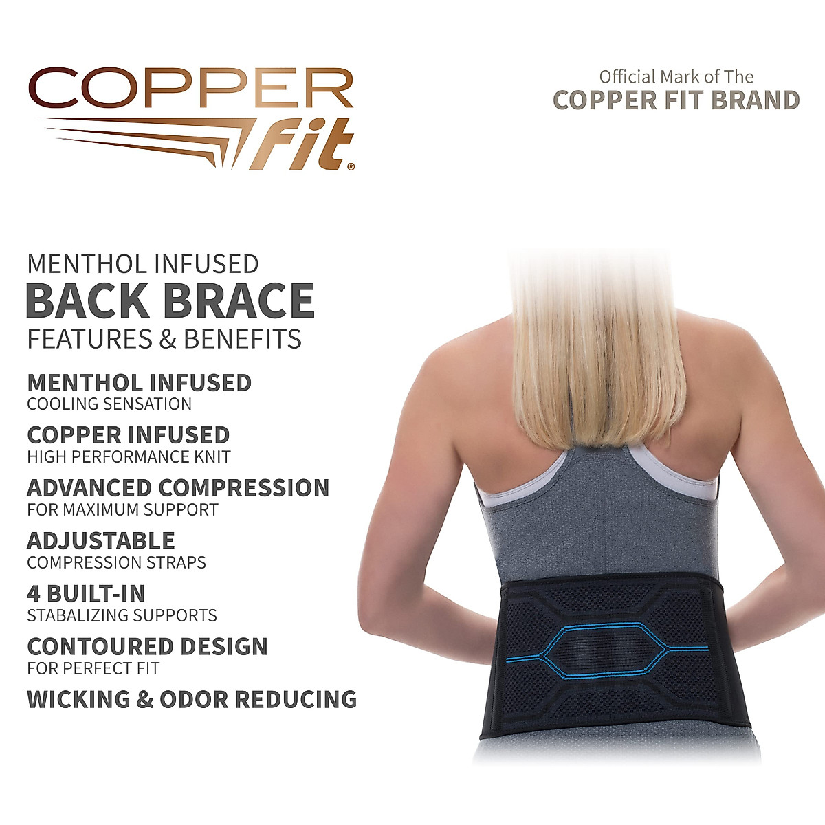 Copper Fit ICE Unisex Adjustable Compression Back Brace Infused with Menthol, Black