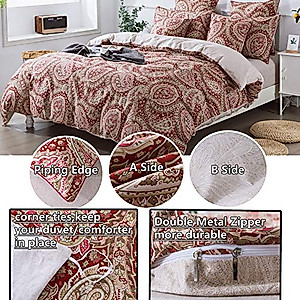 FADFAY Paisley Duvet Cover Set 100% Cotton Ultra Soft Red and Beige Reversible Paisley Bedding Set with Hidden Zipper Closure 3 Pieces, 1Duvet Cover & 2Pillowcases, King/California King Size