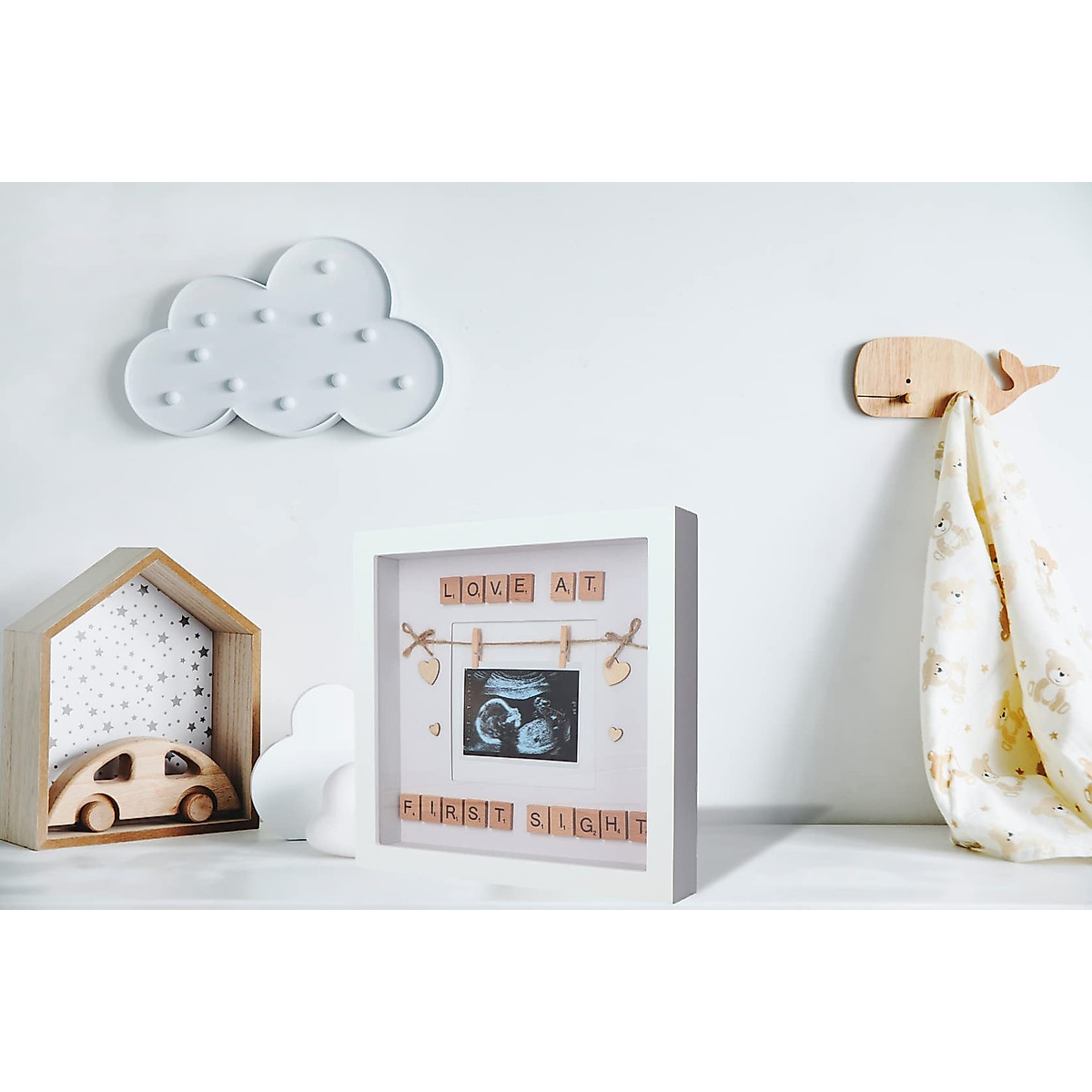 boom moments Sonogram Picture Frame | Scrabble Style Letters | Keepsake Baby Ultrasound Frame | Best Baby Announcement | Love at First Sight (10 x 10 Inches)