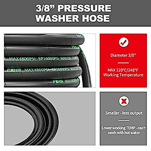 POHIR 3/8" Pressure Washer Hose 50 FT for Cold and Hot Water Max 248°F with Quick Connect, 4800psi Kink Resistant Industry Grade Steel Wire Braided Synthetic Rubber Jacket with 2 M22 14mm Adapter Set