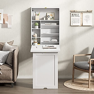JAXPETY Wall Mounted Space Saving Desk Fold Out Convertible Desk Wood Floating Writing Desk with Storage Shelves Laptop Tabletop for Home Office, White