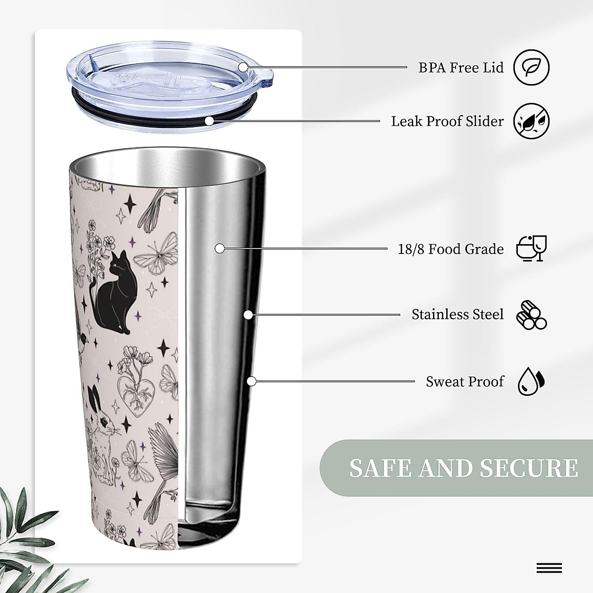 JASROTAO Goth Cat Tumbler,Cats 20oz Stainless Steel Insulated Travel Tumbler,Travel Coffee Mug with Lid and Straw Water Bottle Drink Tumbler Cups Gifts for Women Men