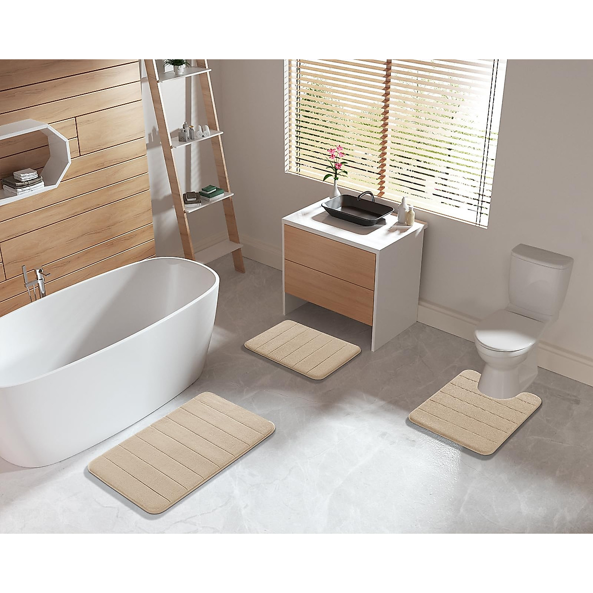 Yimobra Memory Foam Bath Mat Set, 2 Pieces Soft Bathroom Rugs,31.5x19.8 and 24x20.4 U-Shaped for Bathroom Rugs, Toilet Mats, Water Absorption, Non Slip, Thick, Dry Fast for Bathroom Floor Mats, Beige