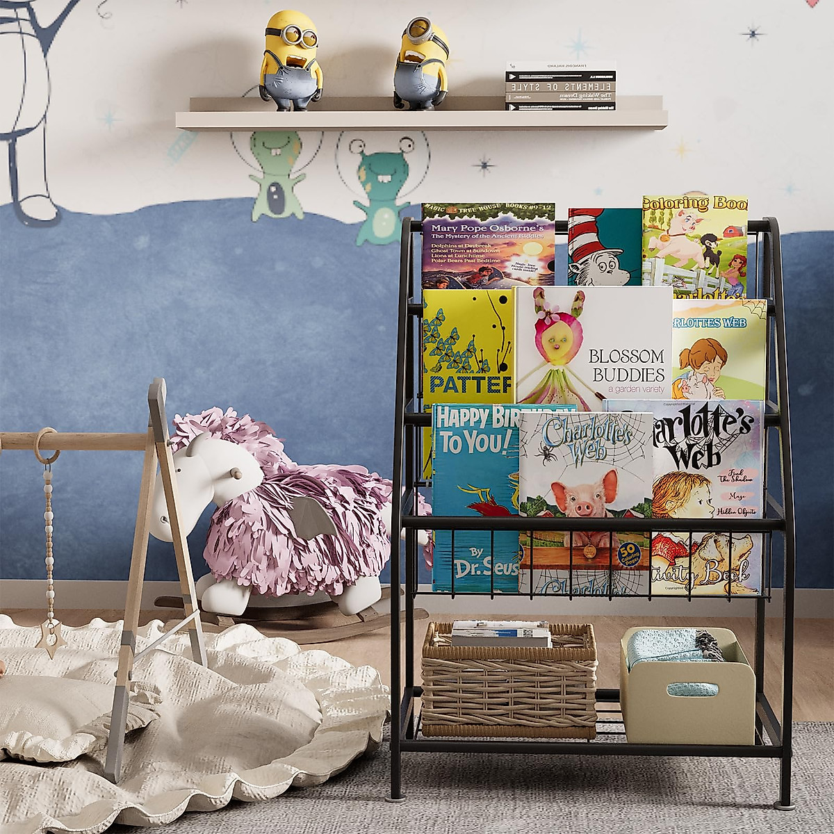 aboxoo Kids Bookshelf Todder Freestanding for Children Room 18 inches Small Toddler Bookcase Toy Organizer Play Black Stable Bookcase Bookstore Library Book Unit Storage for Small Place,Black