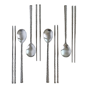 cozymomdeco Korean Made Silver Glossy Hammered Stainless Steel Korean Spoon & Chopstick SET (4SET)