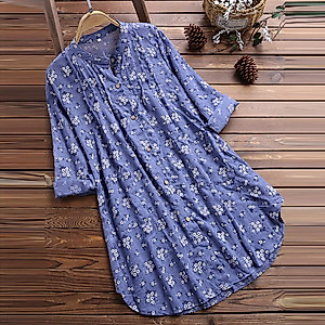 VEFSU Womens V-Neck Pleated Floral Print Long Sleeve Casual Tops T-Shirt Blouse Sky Blue XL