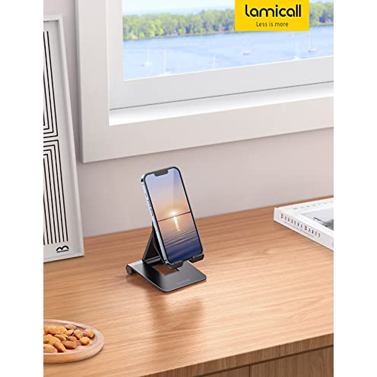 Lamicall Upgrade Super Stable Cell Phone Stand for Desk - Foldable Portable Aluminum Desktop Phone Holder Cradle Dock, Compatible for iPhone 14 13 12 Mini 11 Pro Xs Max Smartphones, Tablets 4-11"
