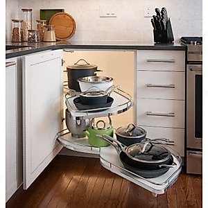 Lemans II Set 2-Shelf Lazy Susan with Soft-Close for Blind Base Corner Cabinets, Chrome and White (574 sq. Model 40, Tray Size: 12", Swings Right)