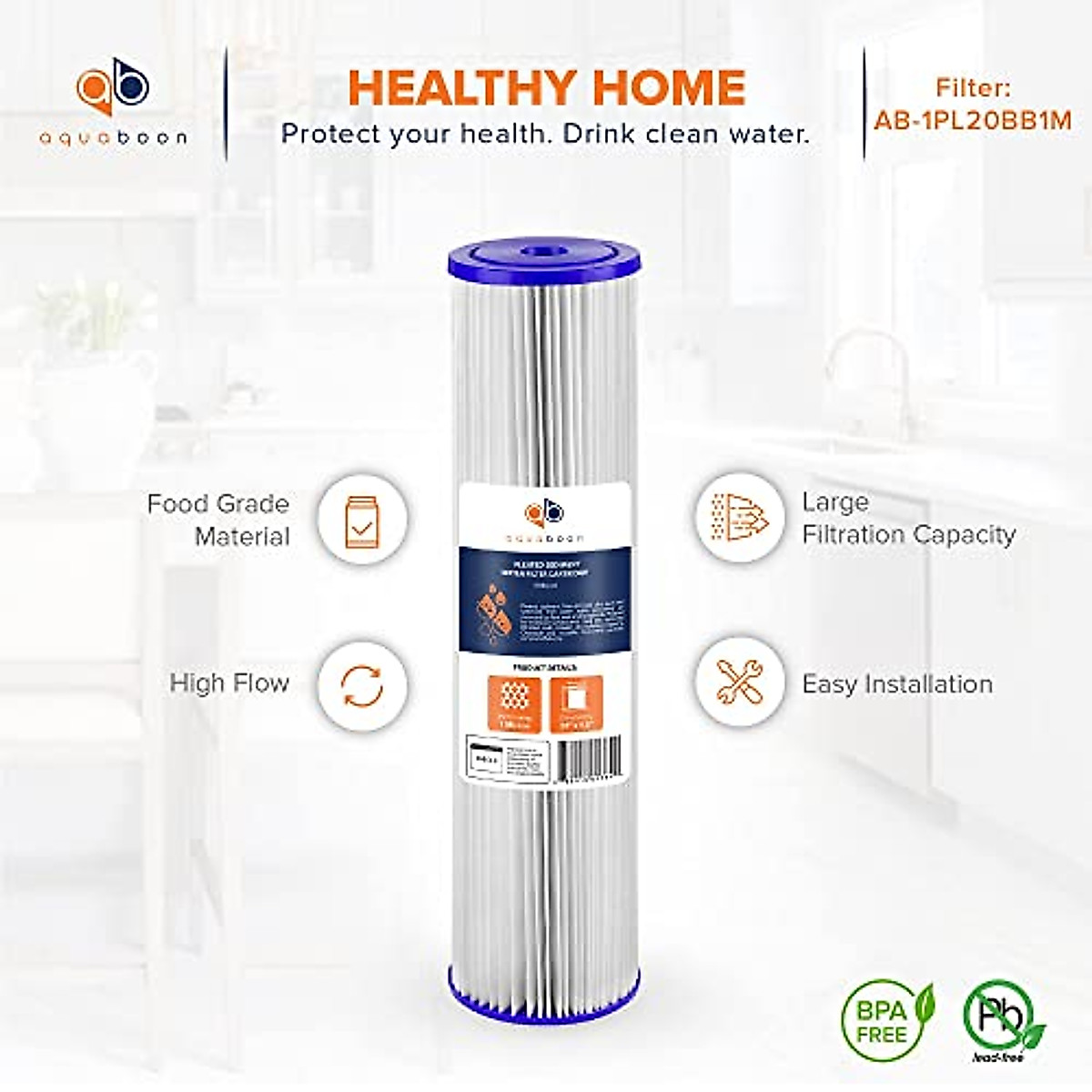 Aquaboon 1 Micron 20" x 4.5" Pleated Sediment Water Filter Replacement Cartridge | Whole House Sediment Filtration | Compatible with ECP5-BB, AP810-2, HDC3001, CP5-BB, ECP1-20BB, 8-Pack