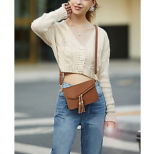 UTO Envelope Wristlet Clutch Crossbody Bag for Women Double Tassel Cellphone Trendy Purse with Strap and Zip Pocket Light Pink