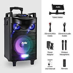 Moukey Karaoke Machine, PA System Woofer, Portable Bluetooth Speaker w/ 2 Wireless Microphones, Lyrics Display Holder, Party Lights & Echo/Treble/Bass Adjustment, Support TWS/REC/AUX/MP3/USB/TF/FM