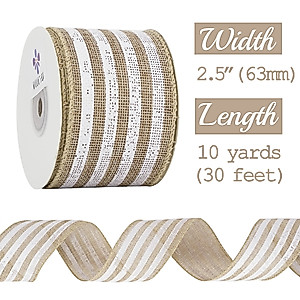 MEEDEE Burlap Wired Ribbon with White Stripe Burlap Ribbon 2.5 Inch Wired Ribbon for Cakes Gift Basket Bow Wreath Ribbon for Rustic Front Door Wreath Baby Shower Beach Farmhouse Decor, 10 Yards