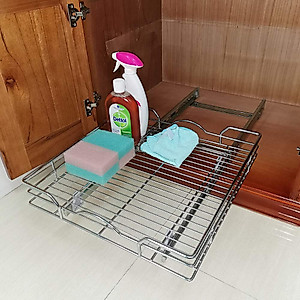 OCG Pull Out Drawer Cabinet Organizer（17" W x 18" D x 5" H, 1 Tier Heavy Duty Slide Out Kitchen Cabinet Storage Shelves, Sliding Drawer for Cabinet, Wire Frame, Chrome Finish