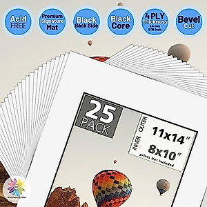 MBC Mat Board Center, Pack of 25, 11x14 White Picture Mats with Black Core Bevel Cut for 8x10 Photos