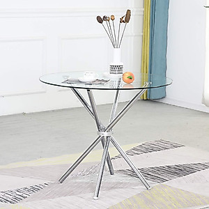 Modern Round Dining Table with Clear Tempered Glass Top, 4 Chrome Legs Kitchen Table for 2 or 4 Person,Round Dining Table Furniture for Home Office Kitchen Dining Room(W 35.4 x L 35.4 x H 29.5 inch)