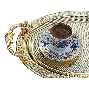 BAYKUL Turkish Ottoman Coffee Tea Beverage Gold Serving Oval Tray, Luxury Metal Chrom Moroccan Decorative Breakfast Dinner Table, Ottoman Trays Extra Large (Gold)