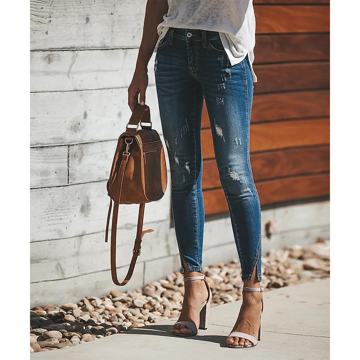 KUNMI Women's Mid Waisted Skinny Ripped Jeans Slim Fit Distressed Stretchy Denim Pants, 6, M002-blue