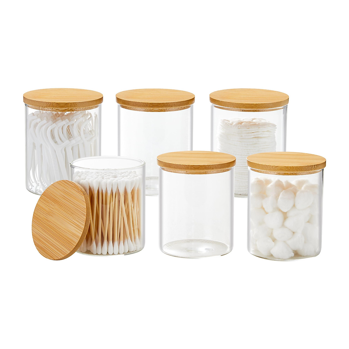 INIUNIK 6 Pack Glass Qtip Holder, Apothecary Jars with Lids Bamboo, Bathroom Organizers and Storage for Cotton Ball Round Swab Pad Floss Picks, Bathroom Decor for Vanity Accessories