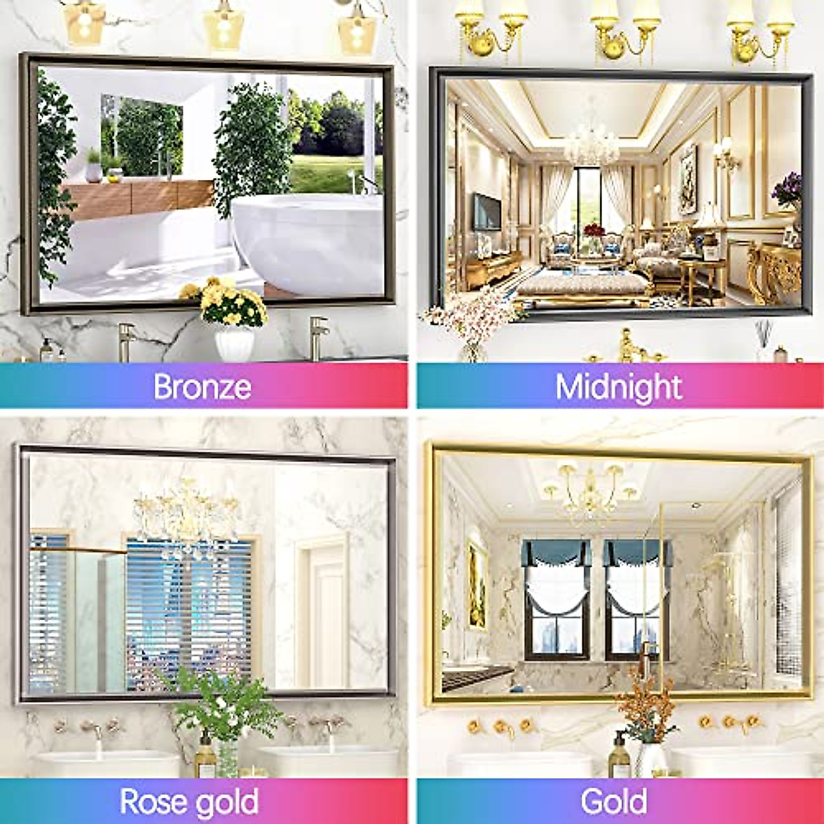 Vosuja 48 x 30 Inch Bathroom Mirrors for Vanity, Rose Gold Wall Mirror, Modern Wall Mounted Mirror for Bathroom, Rectangluar Right Angle Metal Framed Mirror (Horizontal/Vertical)