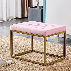 AWQM Vanity Stool,Pink Velvet Ottoman Bench,Vanity Bench with Gold Legs,Upholstered Rectangle Velvet Foot Stool Chair,Comfy Vanity Chair, End of Bed Bedroom,Makeup Chair for Living Room Entryway