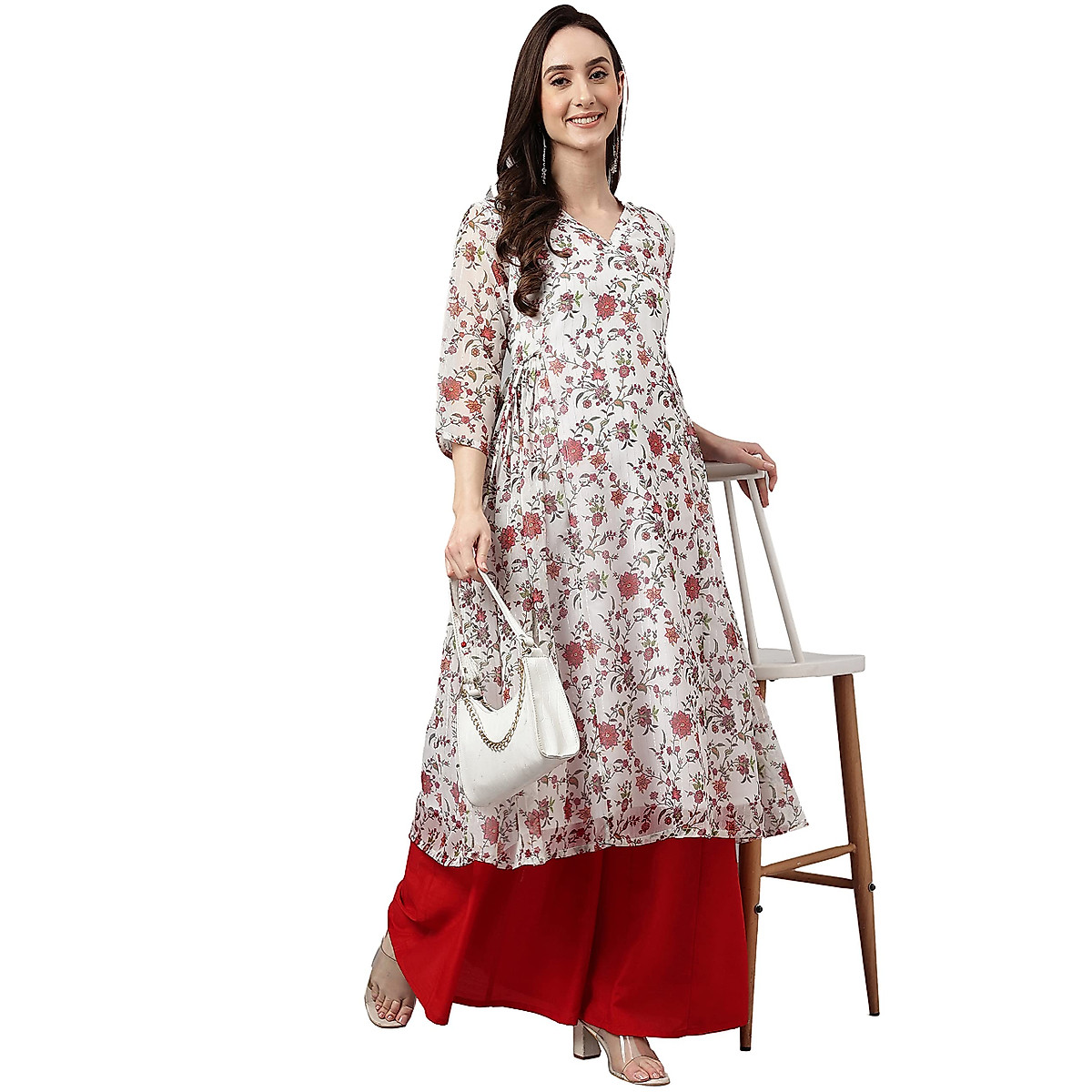 Janasya Indian Women's White Chiffon Lurex Floral Printed flared Kurta