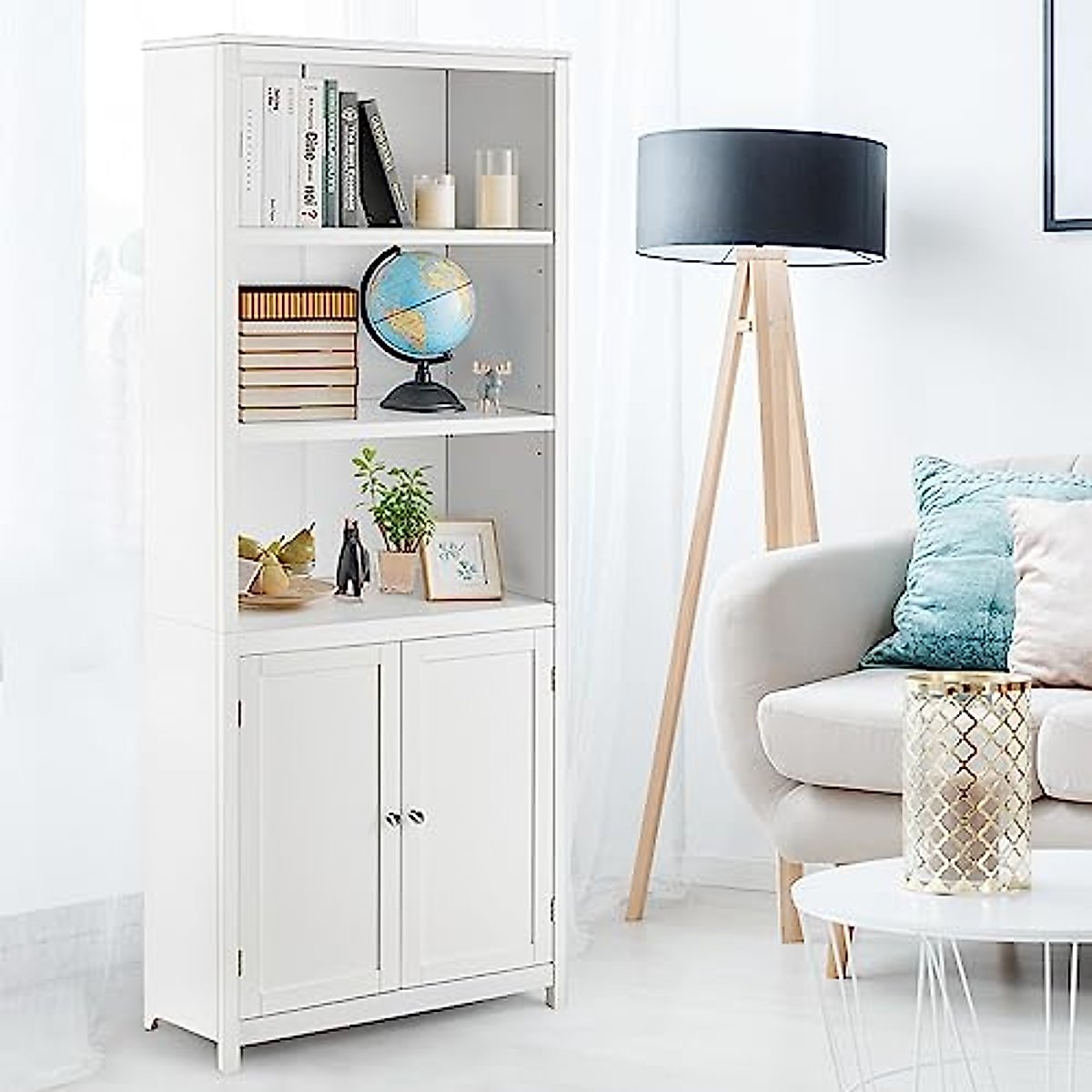 SILKYDRY Bookshelf with Storage Cabinet, 3-Tier Open Shelf, Standing Tall Bookcase with Double Doors, Anti-Tipping Device & Adjustable Shelves, Versatile Book Shelf for Home Office (White)