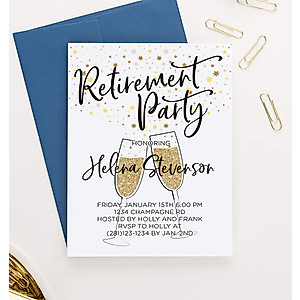 Modern Retirement Party Invitation, Gold Glitter Retirement Party Invites, Your choice of Quantity and Envelope Color