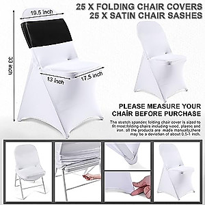 Lounsweer 50 Pcs Stretch Spandex Folding Chair Cover and Satin Chair Sashes Bows Chair Slipcovers Chair Ribbon Bows Washable Chair Cover Protector for Wedding Banquet Party (White, Black)