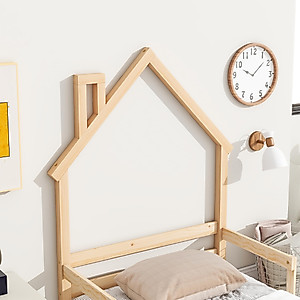 Harper & Bright Designs Twin Size Floor Bed with House-Shaped Headboard, Twin Kids Bed Frame with Solid Wood Slats,Twin Floor Bed Frame for Girls Boys,No Box Spring Needed,Natural