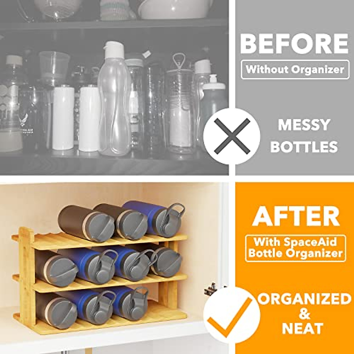 SpaceAid Bamboo Water Bottle Organizer with Labels, Kitchen Pantry Water Bottle Storage Rack for Cabinets, Home Cup and Wine Bottle Holder Shelf Organizers, (3-Tier, Hold 12 Bottles)
