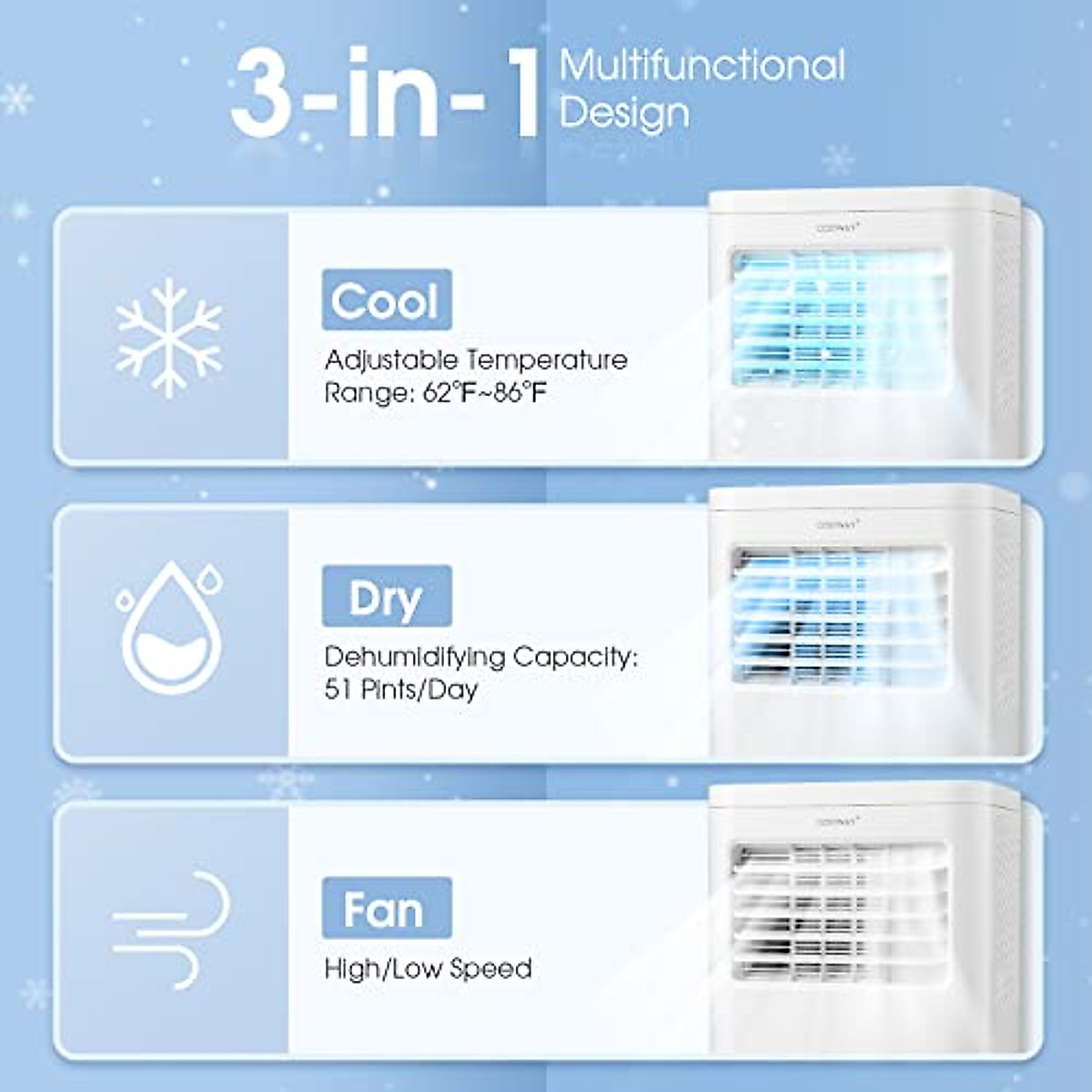 COSTWAY Portable Air Conditioner, 8000 BTU 3-in-1 Personal AC Unit with Built-in Dehumidifier, Fan Mode, Sleep Mode, 24H Timer, Remote Control, Remote Control, Cools up to 250 Sq. Ft for Bedroom