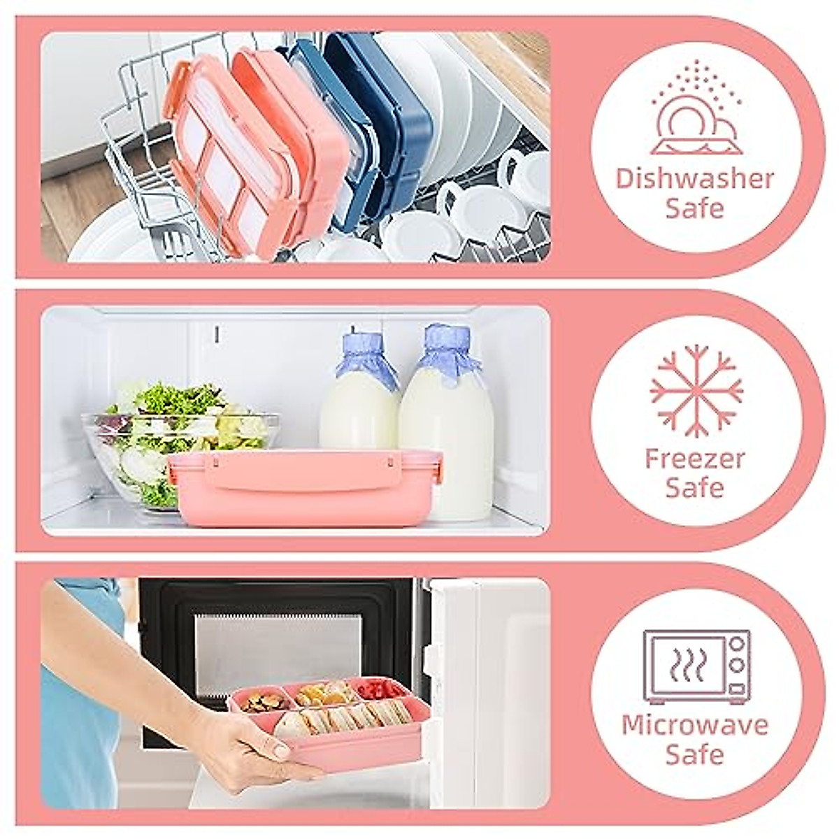 QQKO Bento Lunch Box for Adult Men Women, Toddler Kids Lunch Boxes for School Girls Boys, Lunch Containers for Adults Kids with 4 Compartments, Sauce Container, Utensils and Muffin Cups, Pink