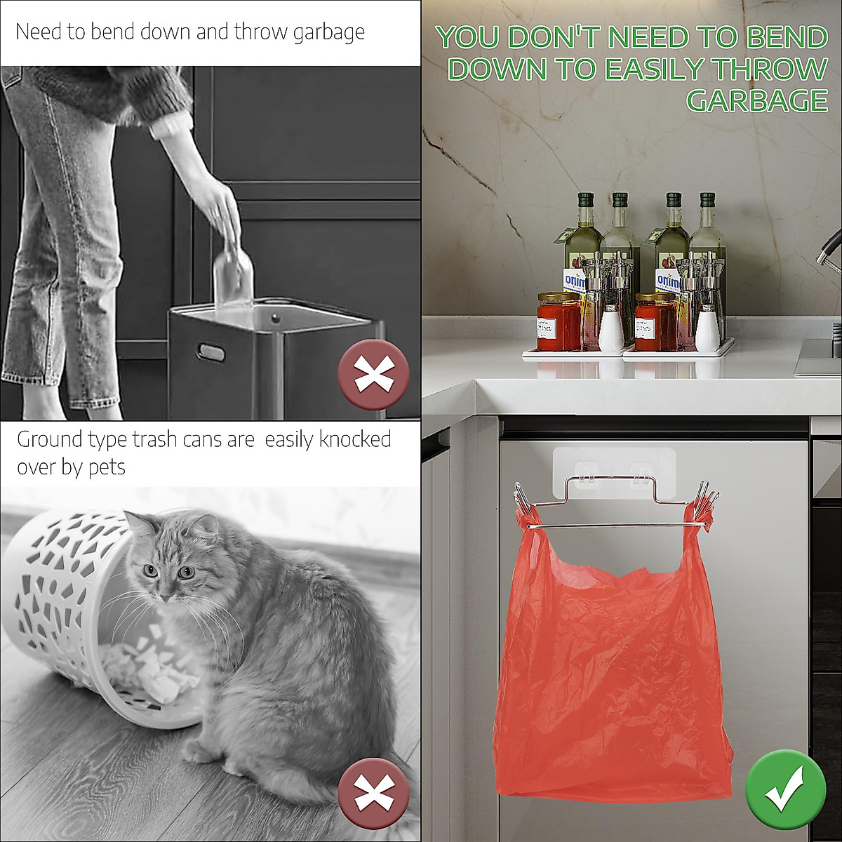 GlobleGarden 2 Pcs Stainless Steel Waste Bag Holder, Rubbish Bag Organizer, Rufuse Stand, Portable Trash Can, Wall Adhesive Hanging Garbage Bins for Kitchen, Bathroom, RV, Camper