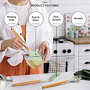 Lanzo Design Kitchen Utensil Set, 13 pcs Non-Stick Silicone Cooking Utensils Spatula Set with Wooden Holder (Mint)