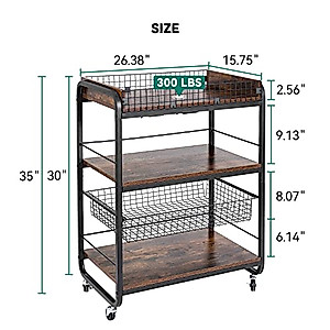YITAHOME Bar Carts for The Home, Industrial Bar Cart with Movable Basket, Serving Cart on Wheels with 3-Tier Storage Shelves, Kitchen Cart with Glass Holder for Dining Room, Bar, Rustic Brown