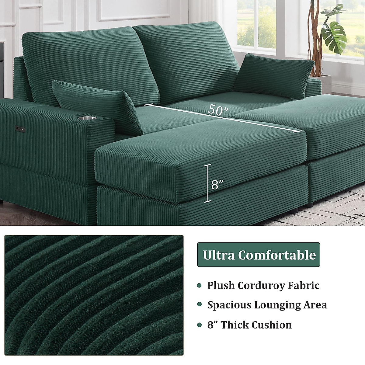 KIVENJAJA 82.7” Corduroy Sectional Couch, Double Chaise Lounge Sofa, Deep Seat Oversized Loveseat with Ottomans, Cup Holder & USB Port for Living Room Apartment Small Space, Green