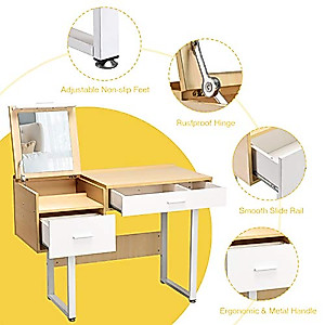 CHARMAID Makeup Table Writing Desk with Flip Top Mirror, Vanity Table with 5 Storage Compartments, Dressing Table Computer Laptop Desk with 2 Large Drawers for Students Girls Women