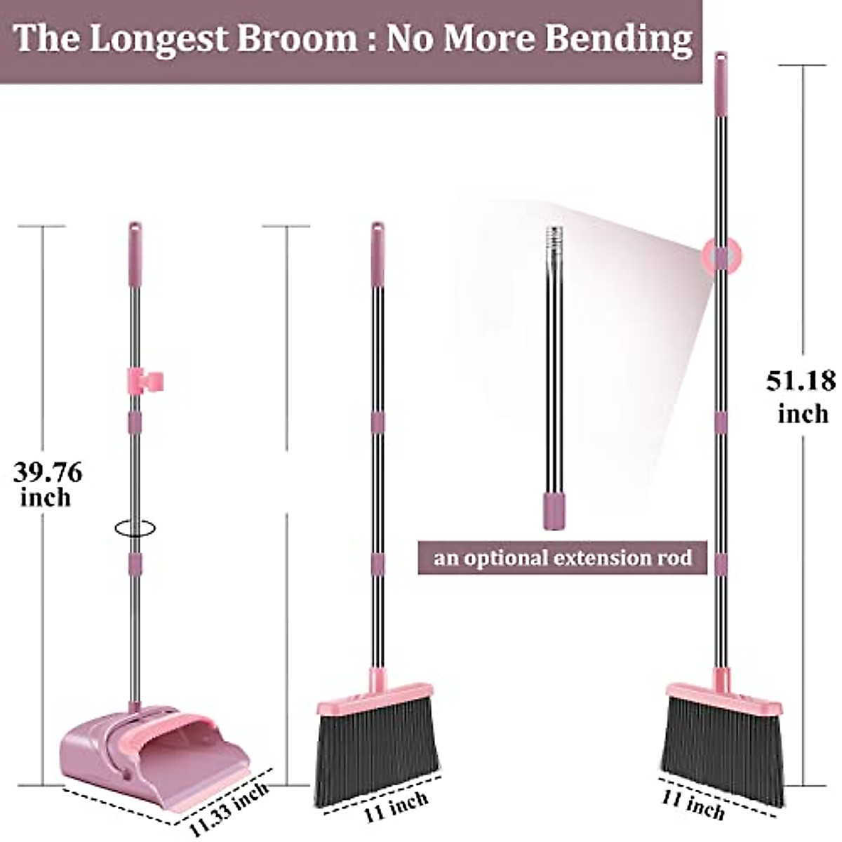 kelamayi Broom and Dustpan Set for Home, Broom and Dustpan Combo for Office, Stand Up Broom and Dustpan (Pink)