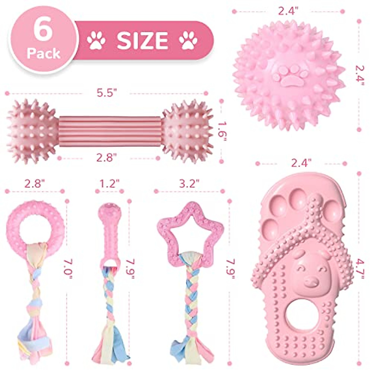 TENGZHI 6 Pack Dog Toys for Small Dog Pink Soft Rubber Puppy Toys for Teething Funny Slippers Ball Donut Interactive Set for Small Dog Teething Toys Pet Puppy Toys Set