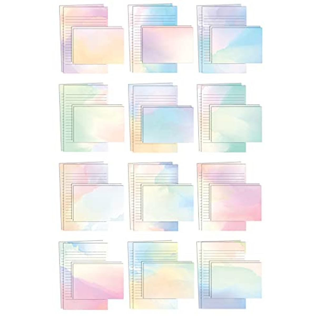 Mini Stationery Set, 100 Piece Set (50 Lined Watercolor Sheets + 50 Matching Envelopes), 5.5 x 8.25 inch, 12 Unique Designs, Double Sided Printing, One Side Lined Paper, by Better Office Products