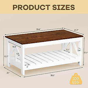 JUMMICO 39” Farmhouse Coffee Table for Living Room, 2-Tier Modern Living Room Table with Storage Shelf, Rustic Rectangular Center Table Space Saving Home Furniture (Rustic Brown & White)