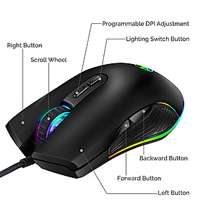 FIRSTMEMORY USB C Mouse Type C Ergonomic Wired Mouse RGB Gaming Mouse Optical Mice with Adjustable DPI 800/1600/2400/3200 Compatible with Notebook, PC, Laptop, MacBook and All Type-C Device (Black)