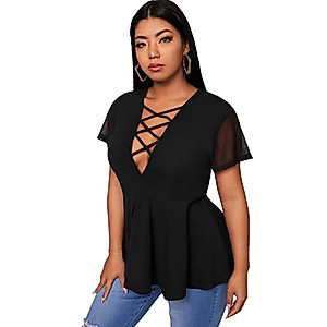 SOLY HUX Womens Plus Size Sexy Tops Criss Cross Blouses V Neck Short Sleeve Shirts Pure Black 2XL