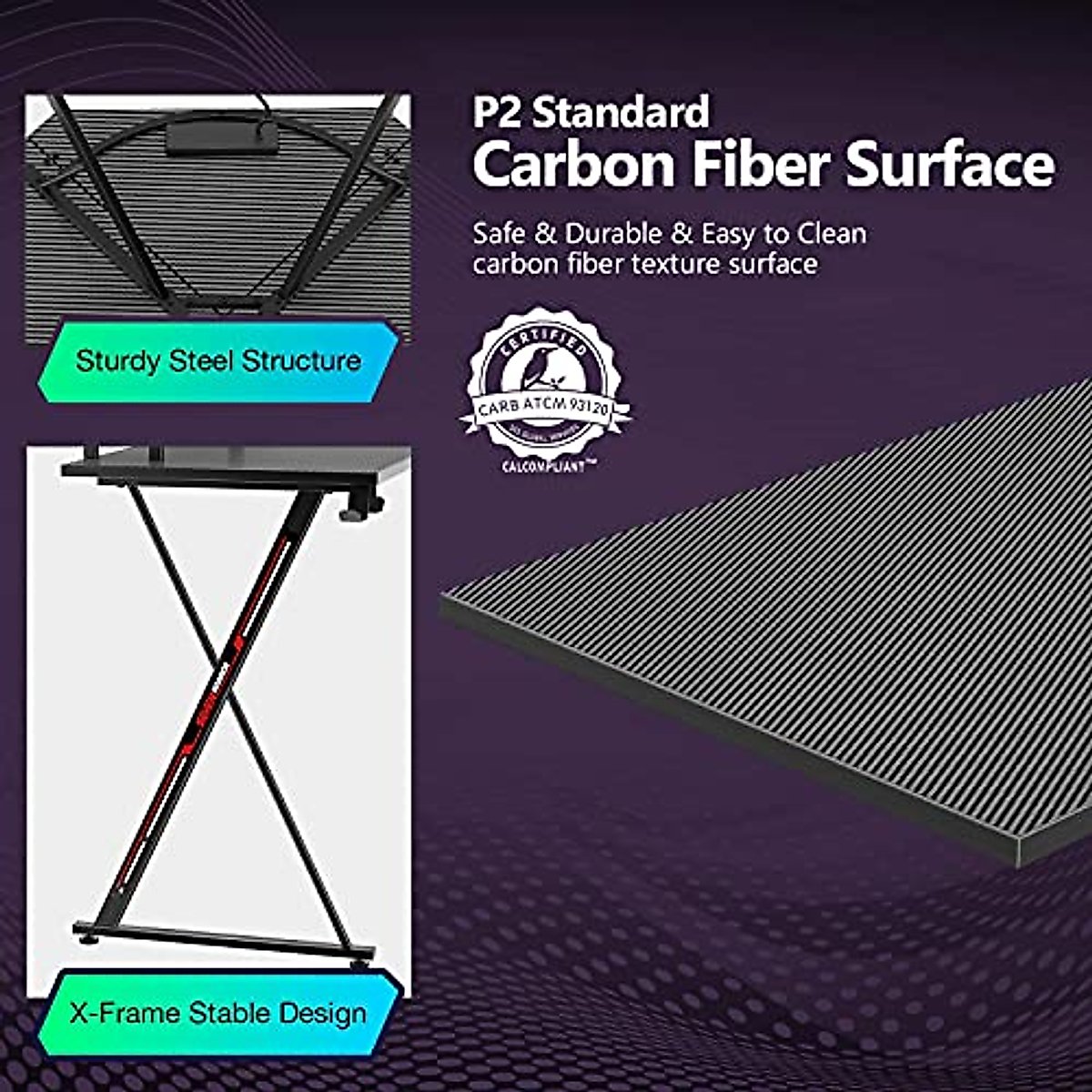 SEVEN WARRIOR L Shaped Gaming Desk with LED Lights & Power Outlets, 50.4” Computer Desk with Monitor Stand & Carbon Fiber Surface, Corner Desk with Cup Holder, Gaming Table with Hooks, Black