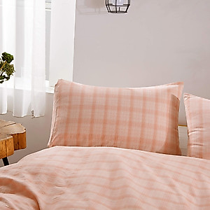 Home Soft Things 100% Washed Cotton Duvet Cover 3 Piece Set, King 102" x 90", Soft Pink Kolkata Grid Plaid Bedding Set with Zipper Closure, Ultra Soft and Easy Care, 1 Duvet Cover 2 Pillow Shams