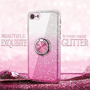 PeeTep iPhone SE 2020 Case,iPhone SE 3 Case Glitter for Girls,iPhone 8 Case,iPhone 7 Case,Slim Sparkly Case with 360°Ring Holder Kickstand Magnetic Car Mount Shock-Absorbent Durable Cover, Pink