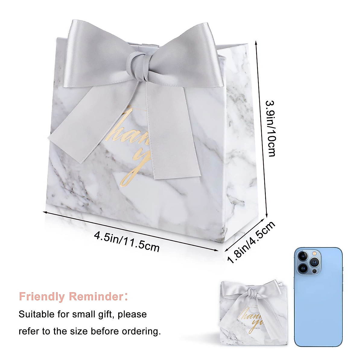 SHAIDOJIO 𝟐𝟒 𝐏𝐜𝐬 Small Thank You Gift Bags, Party Favor Bag Treat Box with Bow Ribbon, Marble Pattern Mini Paper Gift Bags Bulk for Wedding, Birthday, Bridal Shower, Baby Shower (4.5x1.8x4 Inch)