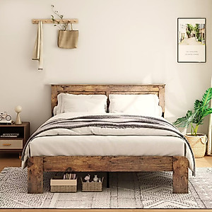 NNOOTK King Size Bed Frame, Rustic Vintage Platform Bed Frame with Wood Headboard and Footboard, 12 Wood Slats Support, No Box Spring Needed (Dark Brown, King)